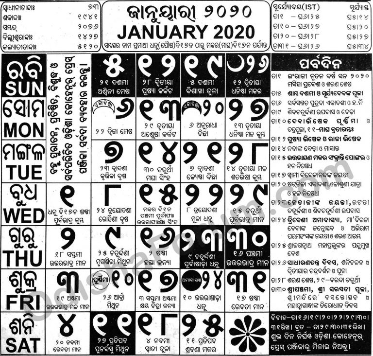 Odia Calendar 2020 January | Odisha Forum